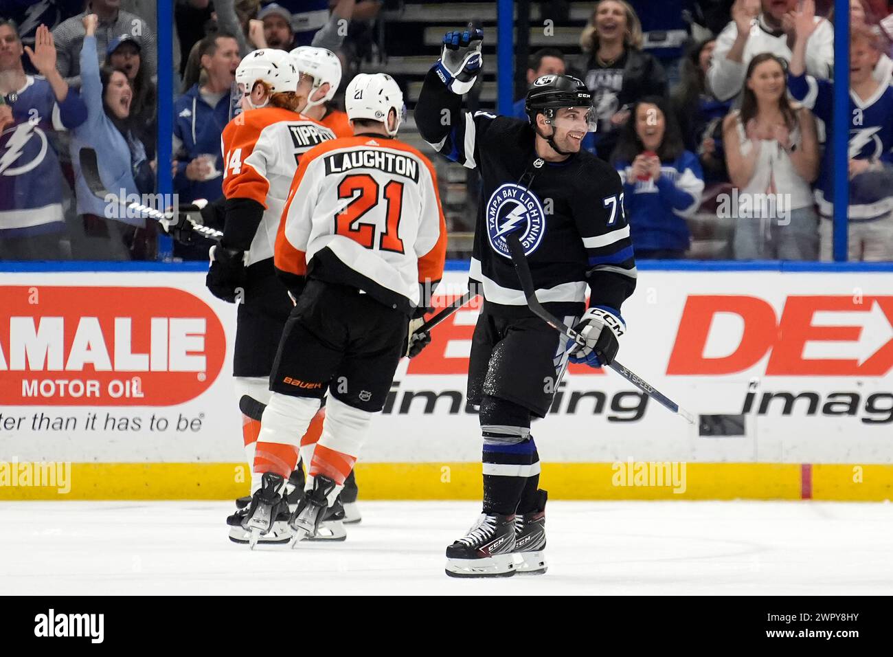 Tampa Bay Lightning left wing Conor Sheary (73) celebrates his goal ...