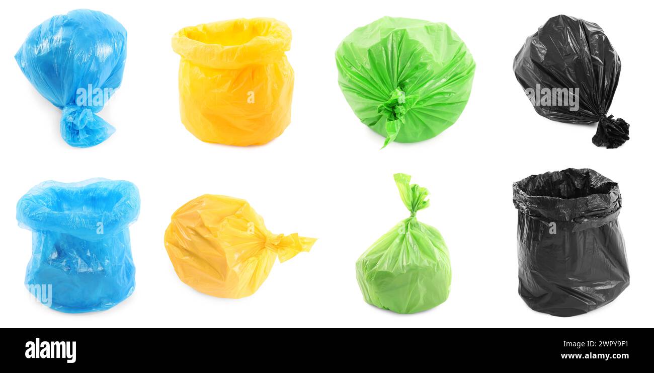 Different plastic garbage bags isolated on white, set Stock Photo - Alamy