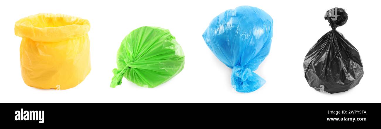 Different plastic garbage bags isolated on white, set Stock Photo - Alamy