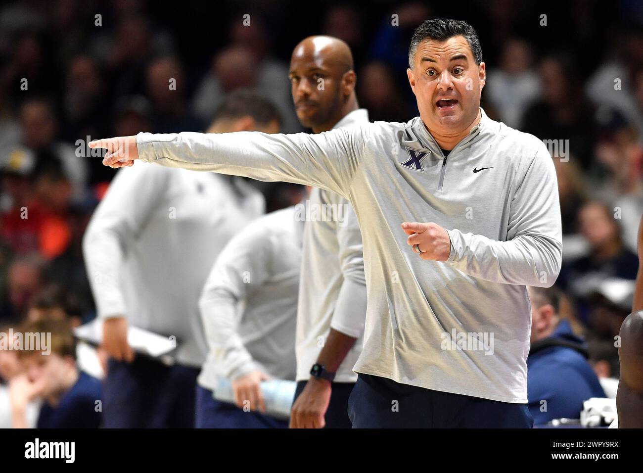 Xavier head coach Sean Miller directs his team during the first half of ...