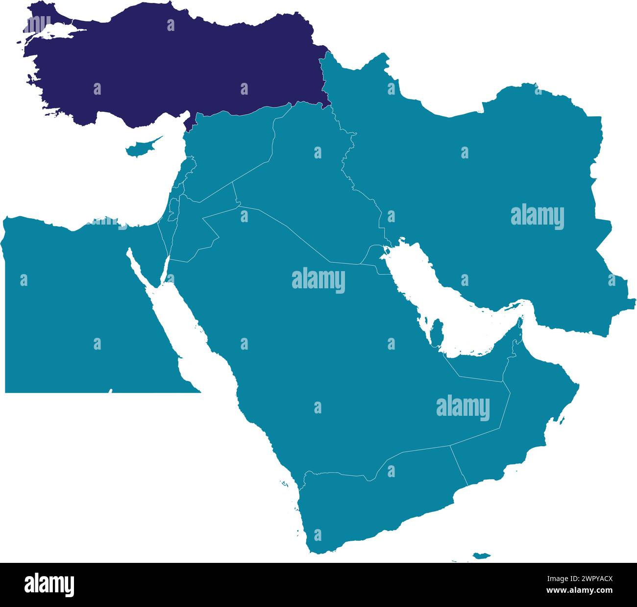 Purple map of TURKEY (TÜRKIYE) inside marine blue map of the Middle ...