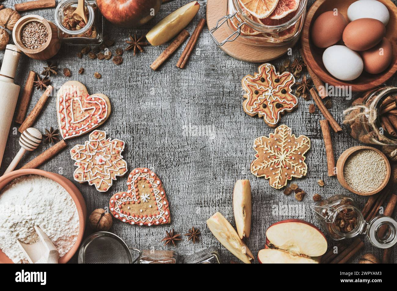 Baking love. Bakery background. Baking ingredients and kitchen utensils ...