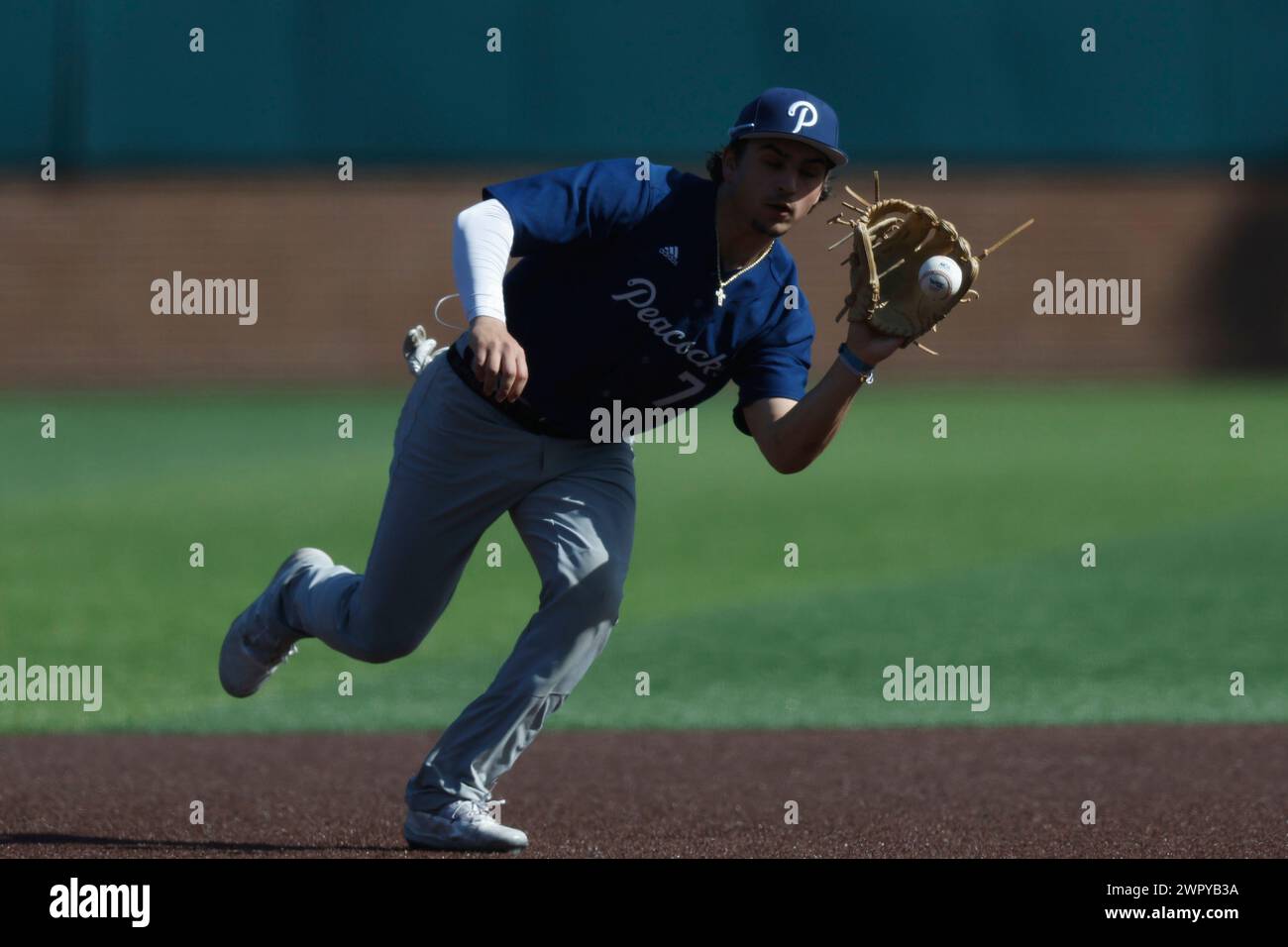 Saint Peter's infielder Logan Leax (7) fields the ball against the ...