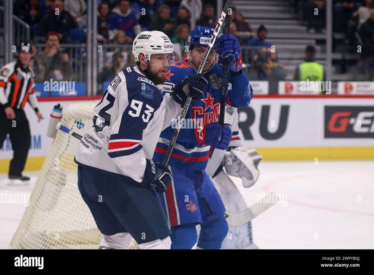 Saint Petersburg, Russia. 09th Mar, 2024. SKA Hockey Club player, Nikolai Polyakov (14) and ...