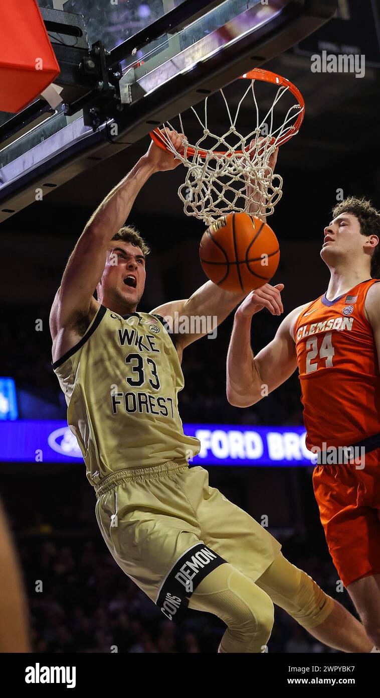March 9, 2024: Wake Forest junior Matthew Marsh (33) dunks the ball ...