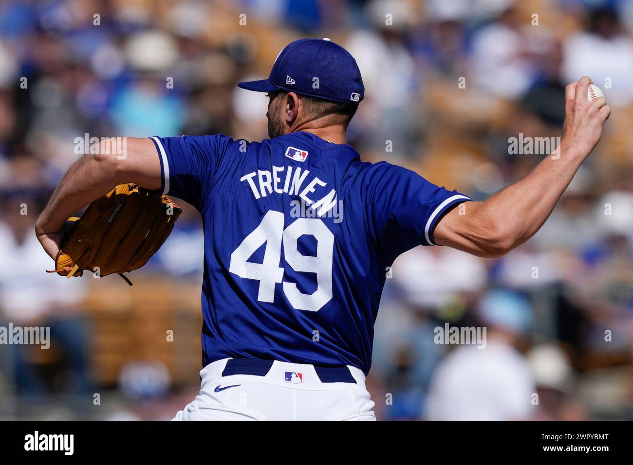 Los Angeles Dodgers relief pitcher Blake Treinen throws in the fifth ...