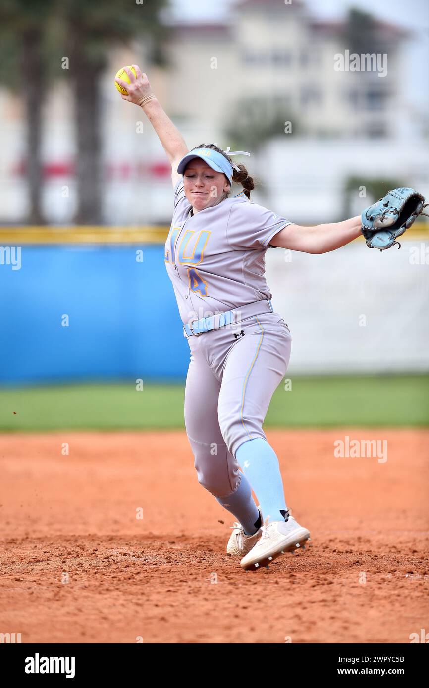 Long Island University pitcher, Lindsey Cowans (4), fires at batters ...