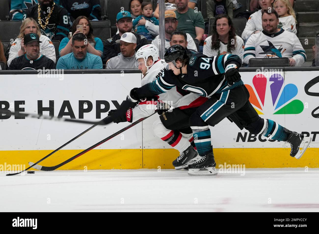 San Jose Sharks left wing Alexander Barabanov (94) reaches for the puck ...