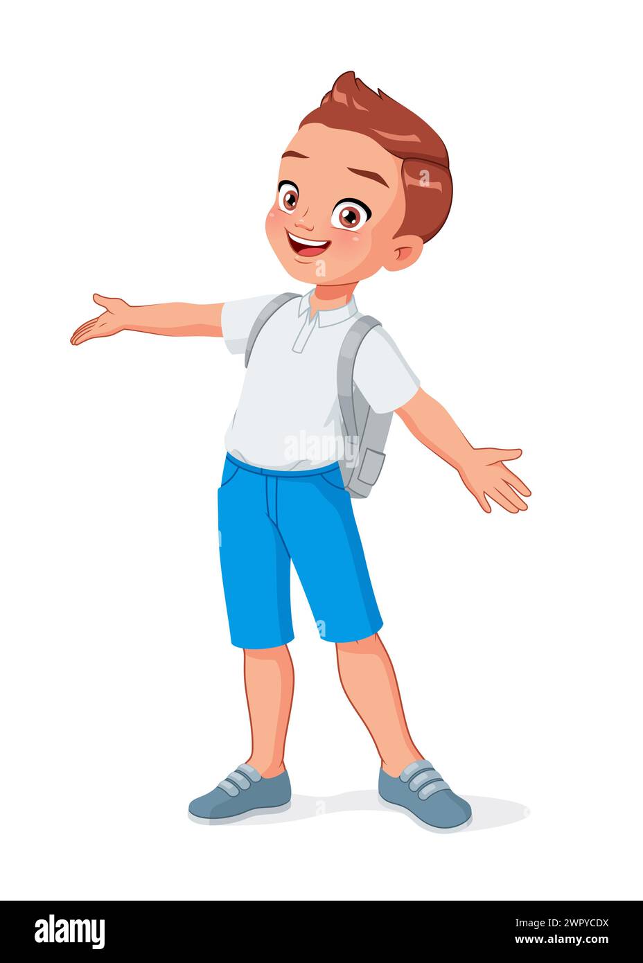 Cute little school boy greeting with wide open arms. Cartoon vector ...