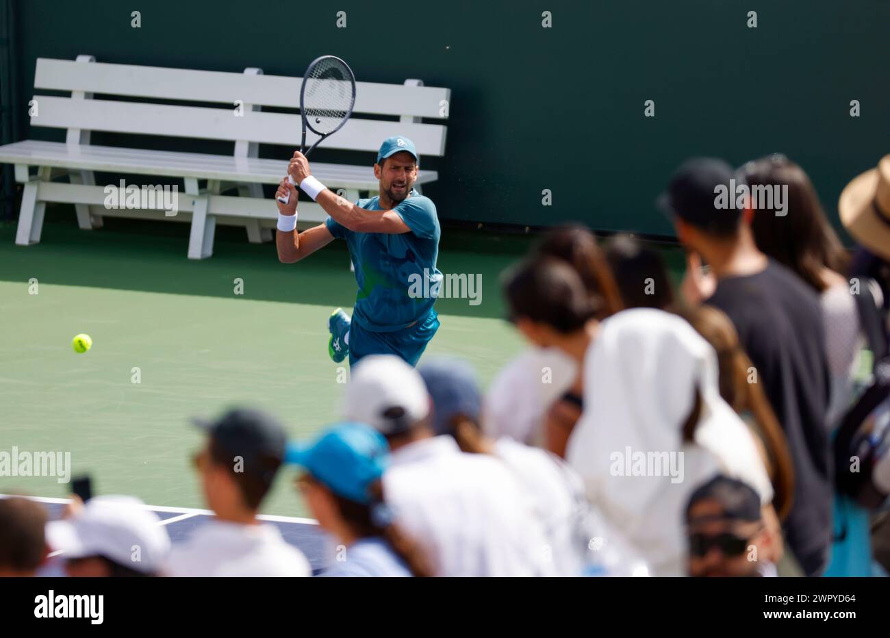 March 09, 2024 Novak Djokovic of Serbia hits a shot during his practice ...