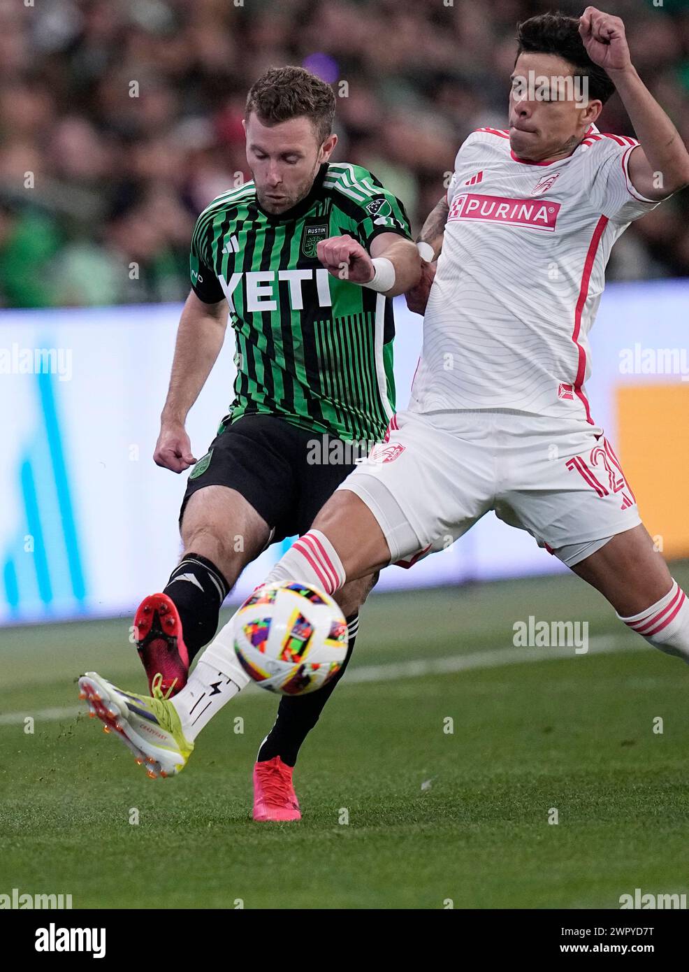 Austin FC forward Jon Gallagher, left, and St. Louis City midfielder ...