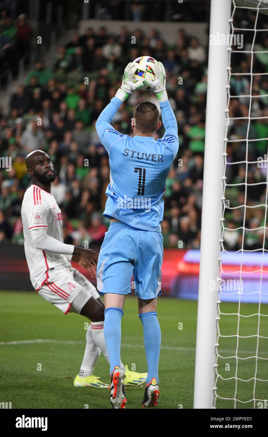 AUSTIN, TX - MARCH 09: Austin FC goalie Brad Stuver (1) makes a save in ...