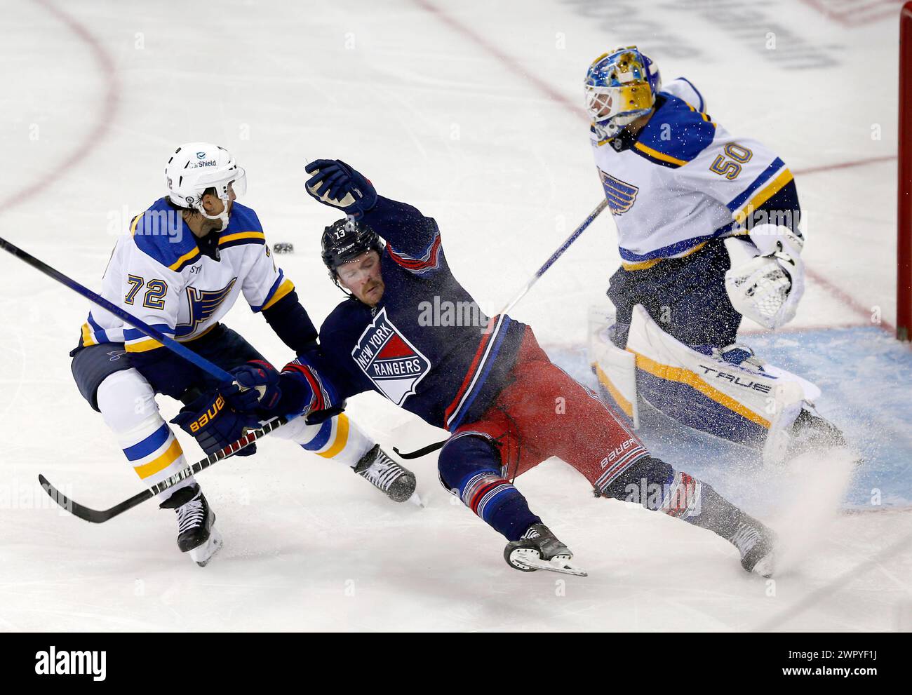 St. Louis Blues defenseman Justin Faulk (72) pulls down New York ...