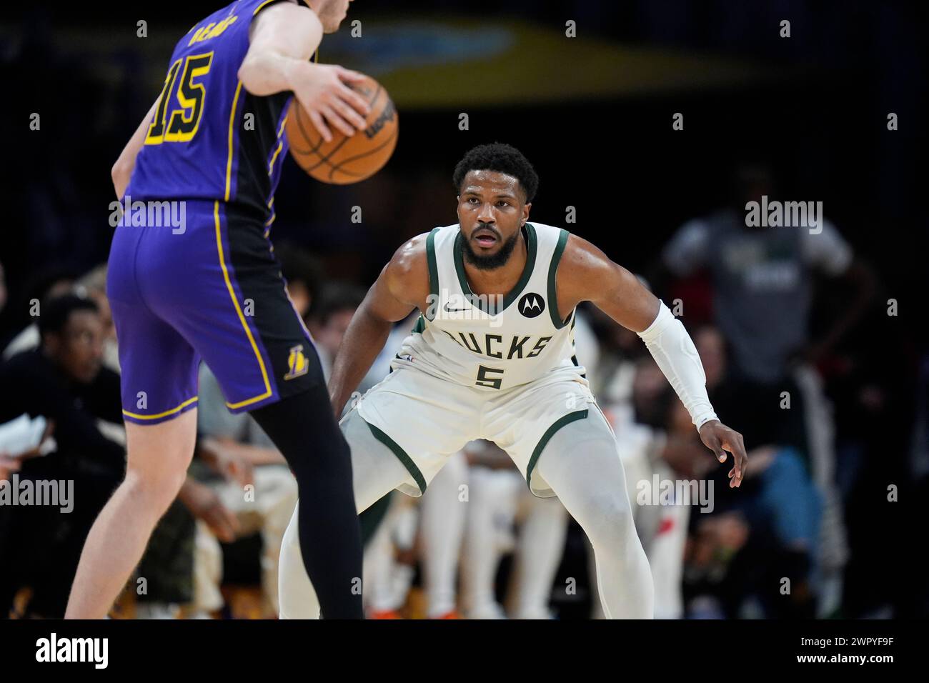 Milwaukee Bucks guard Malik Beasley (5) defends Los Angeles Lakers ...
