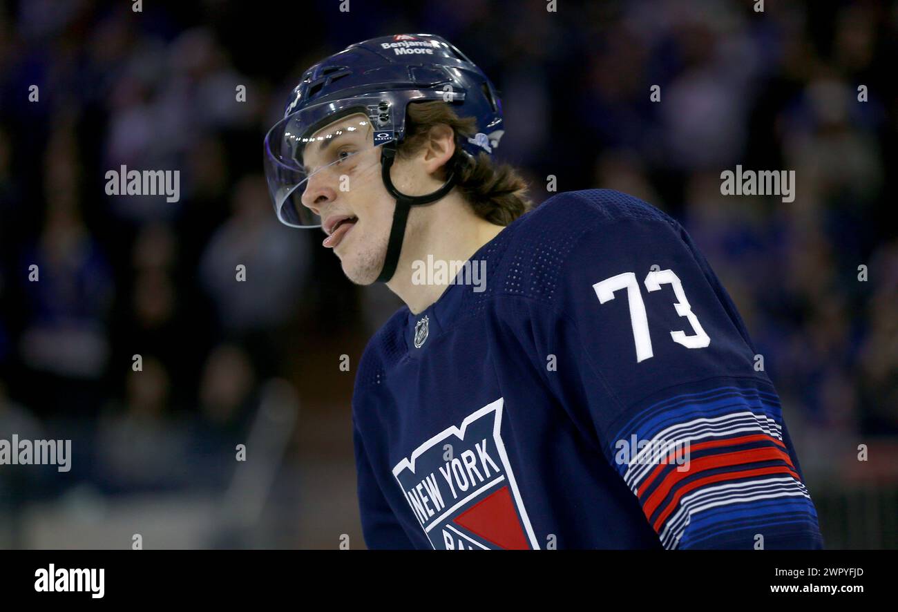New York Rangers center Matt Rempe takes a break during the first ...