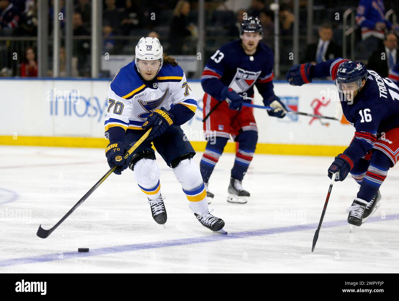 St. Louis Blues center Oskar Sundqvist (70) carries the puck past New ...