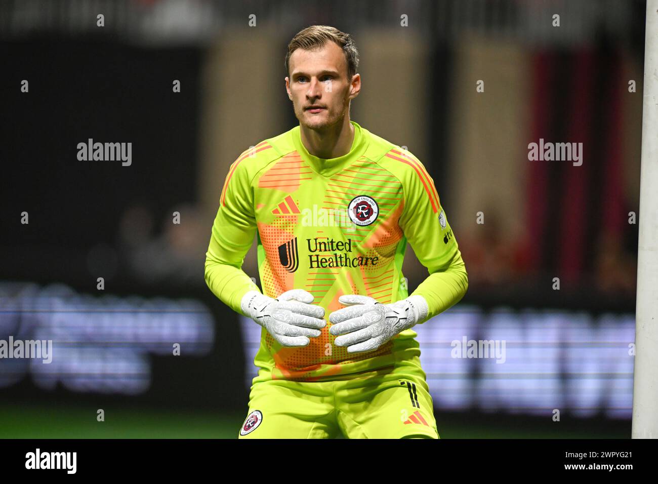 ATLANTA, GA – MARCH 09: New England goalkeeper Henrich Ravas (1) reacts ...