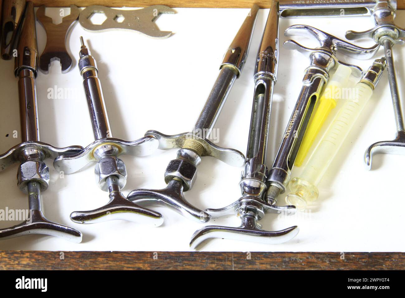 A collection of historic dental syringes in a cabinet Stock Photo - Alamy