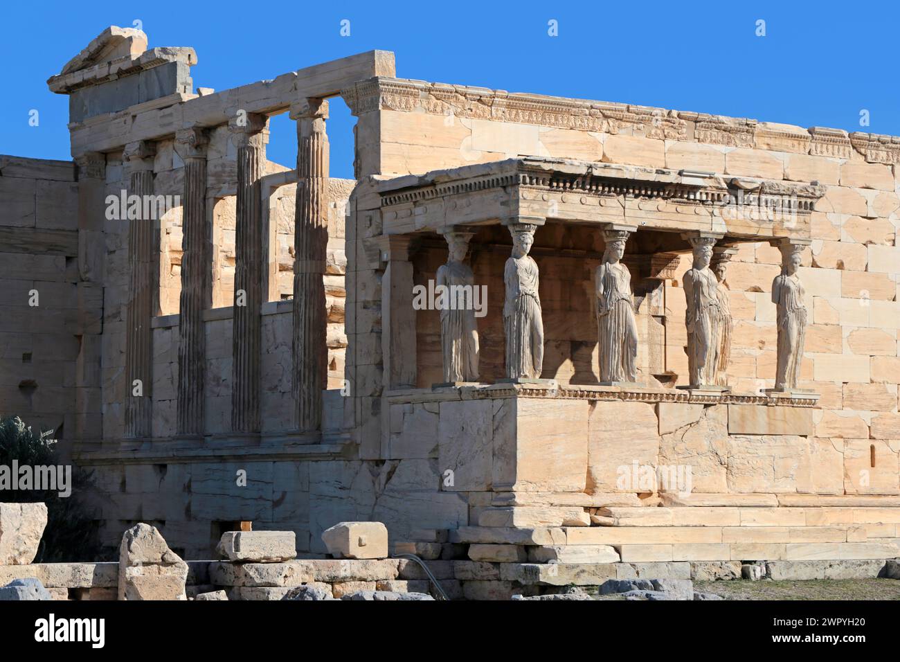 The Temple of Erechtheion's famous porch with 6 caryatids in the ...