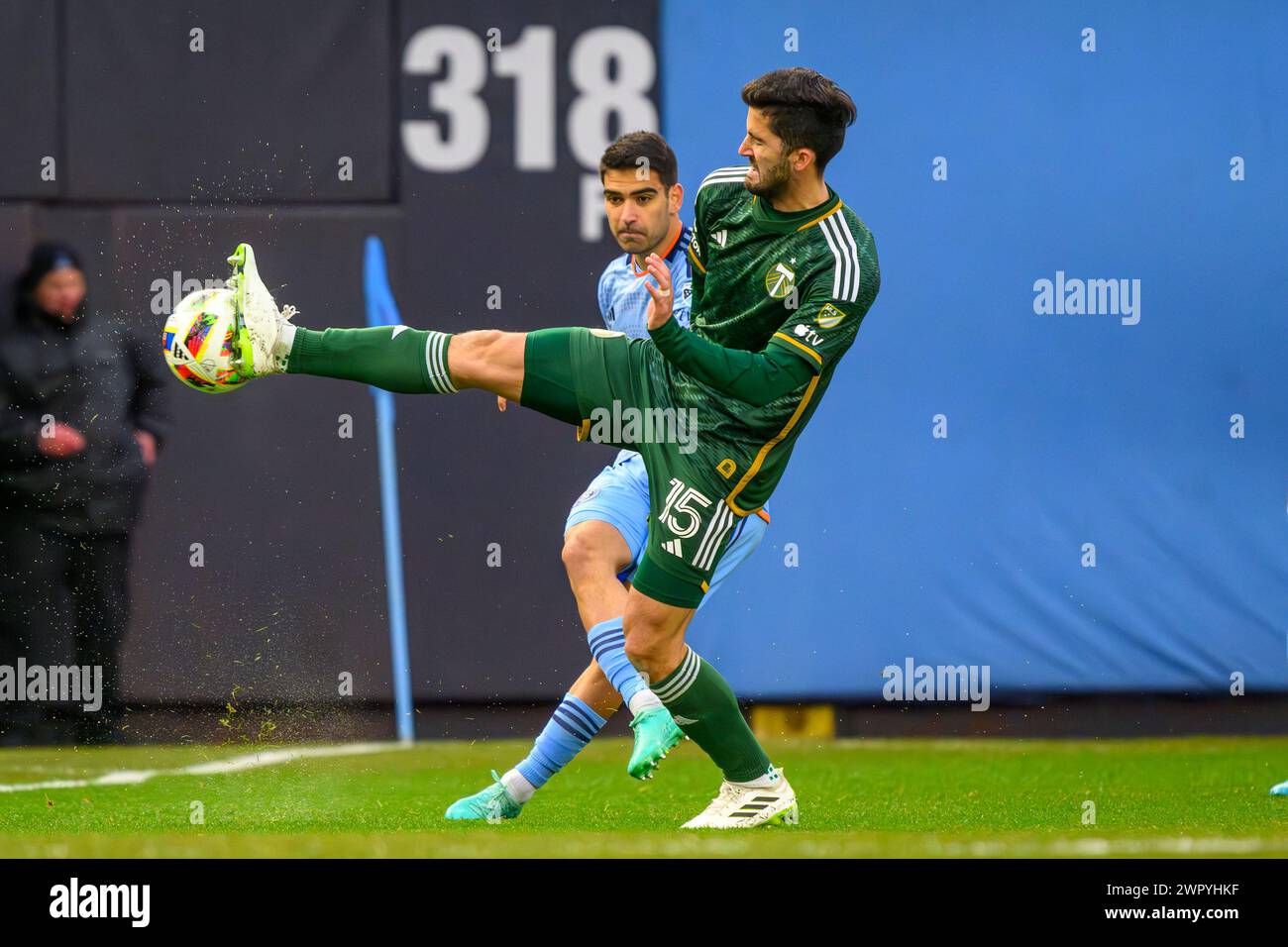 Bronx, New York, USA. 9th Mar, 2024. ERIC MILLER of Portland FC blocks ...