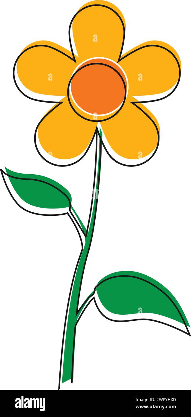 Sunflower icon with two leaves and stem, animated cartoon vector ...