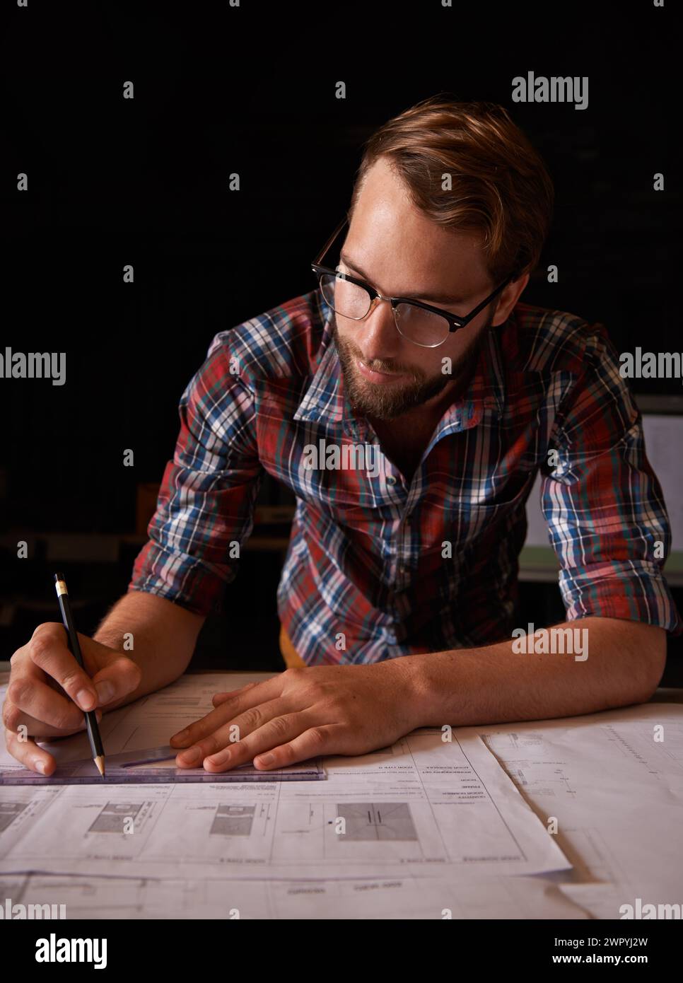 Man, architecture and drawing of blueprint idea, working and planning ...