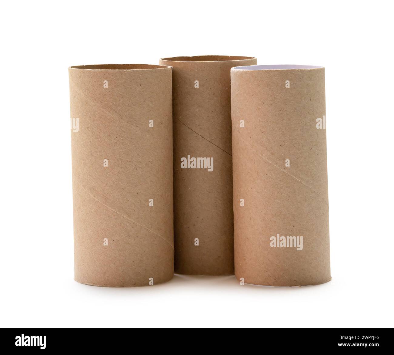 Front view of brown tissue paper cores in stack is isolated on white ...