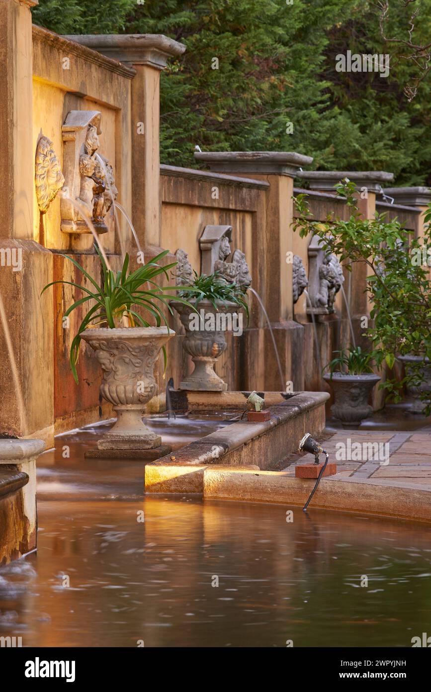 Pond, architecture and vintage in holiday resort for heritage, ancient ...