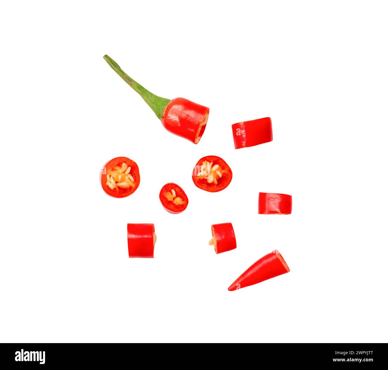 Top view set of red chili pepper slices is isolated on white background ...