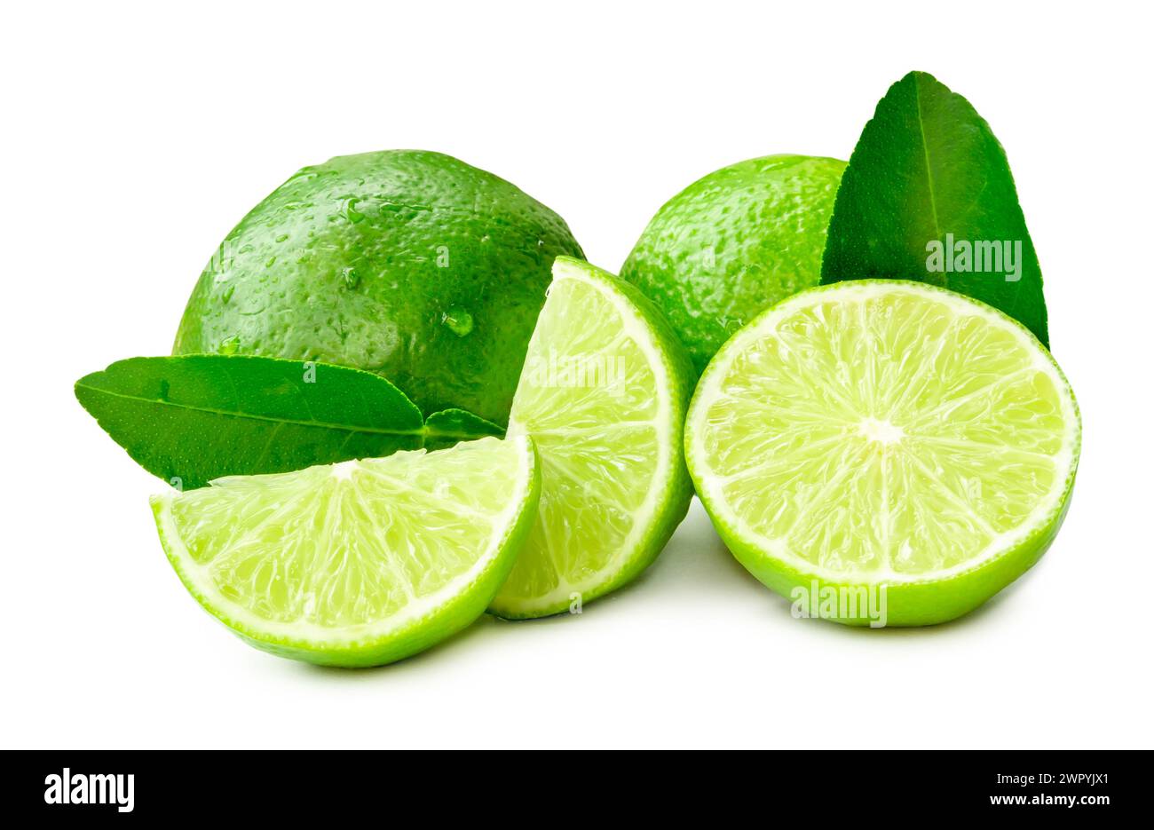 Front view of green lemon fruits and leaves with half and slices or quarters is isolated on ...