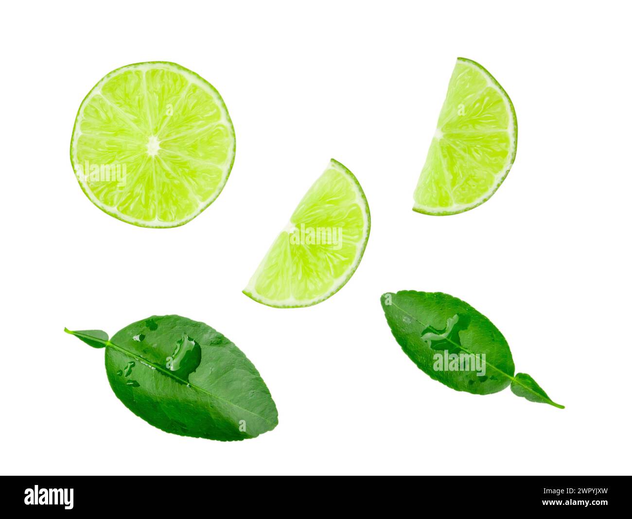 Top view of green lemon fruits and leaves with half and slices or ...