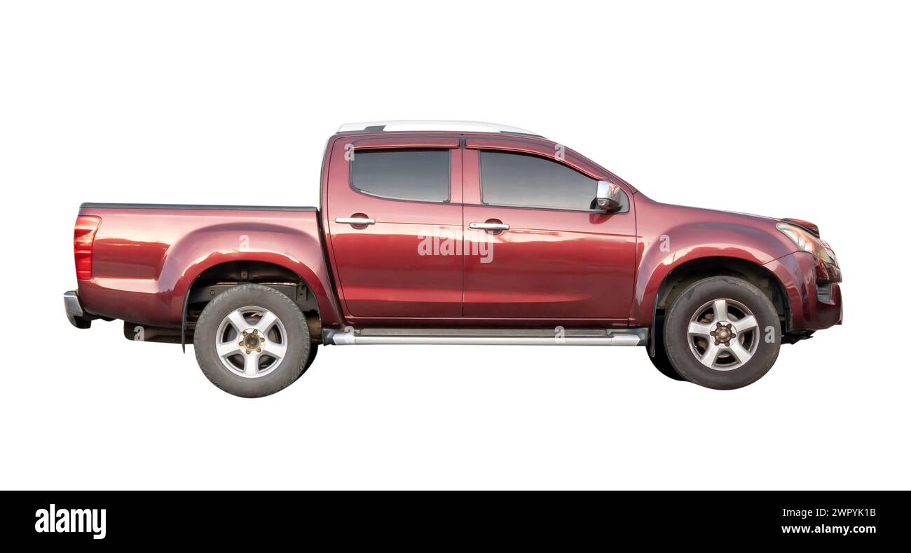 Side view of red pickup truck is isolated on white background with ...