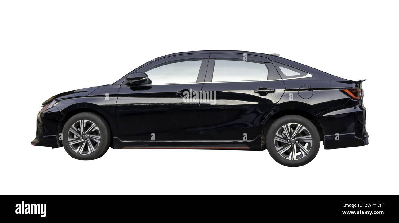 Side view of black sedan car is isolated on white background with ...