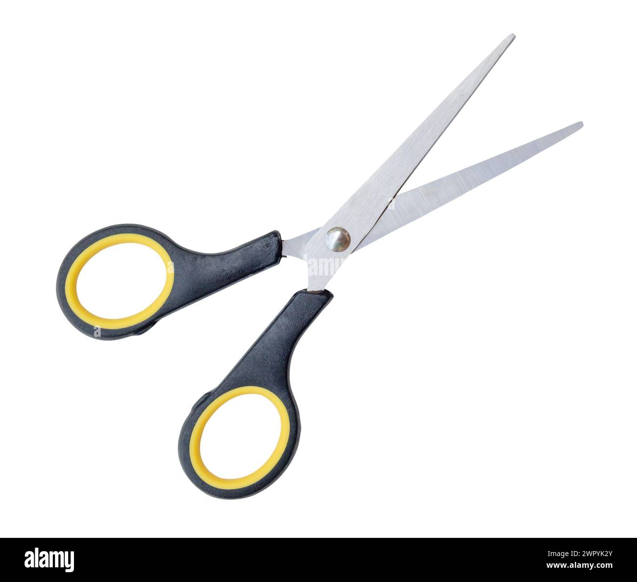 Top view of a pair of small multipurpose scissors with black handle is ...