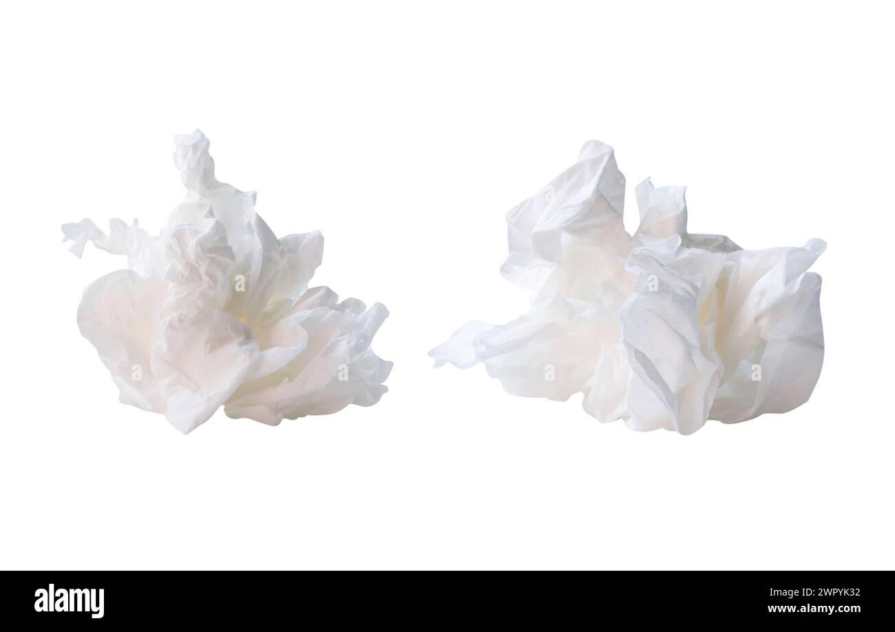Front view set of crumpled tissue paper ball after use in toilet or ...