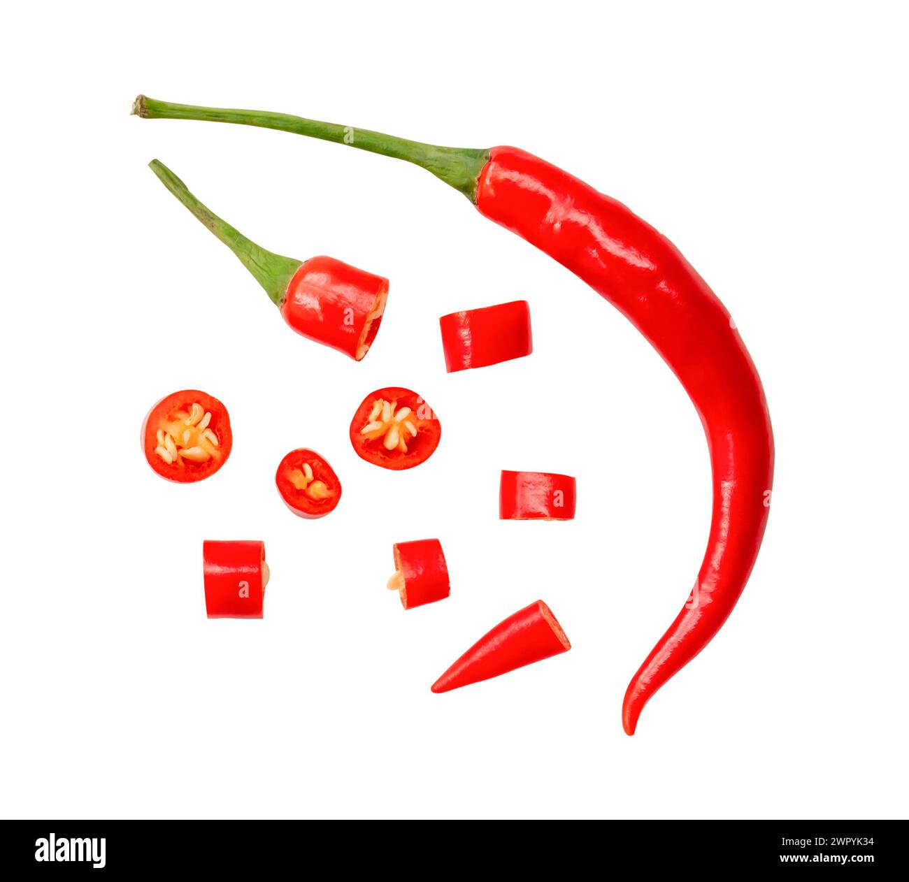 Top view set of red chili pepper with slices is isolated on white ...