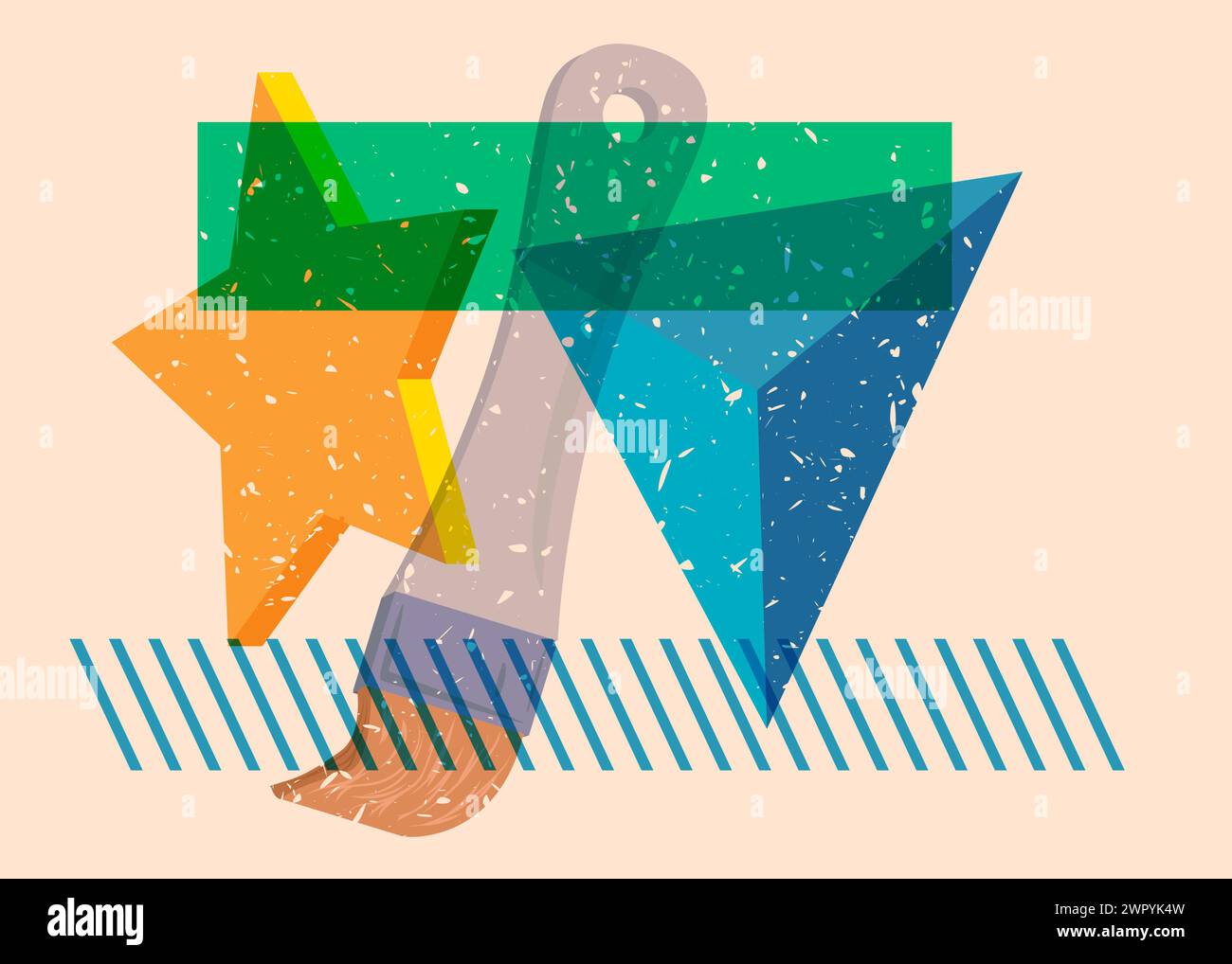 Risograph Paintbrush with geometric shapes. Objects in trendy riso ...