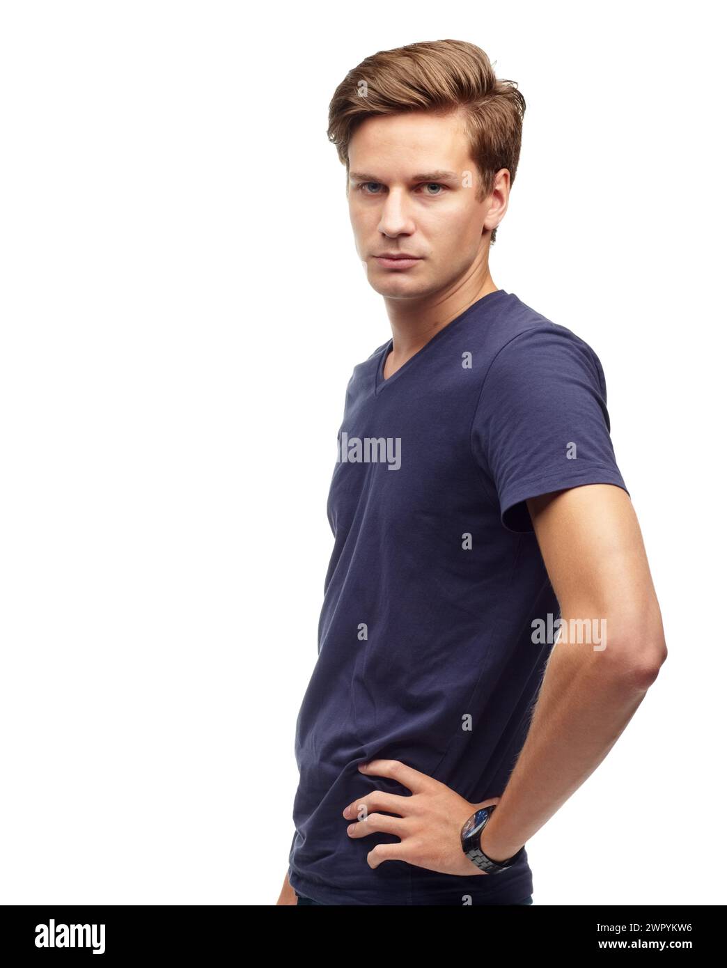 Man, serious and portrait in studio for fashion with assertive look for ...