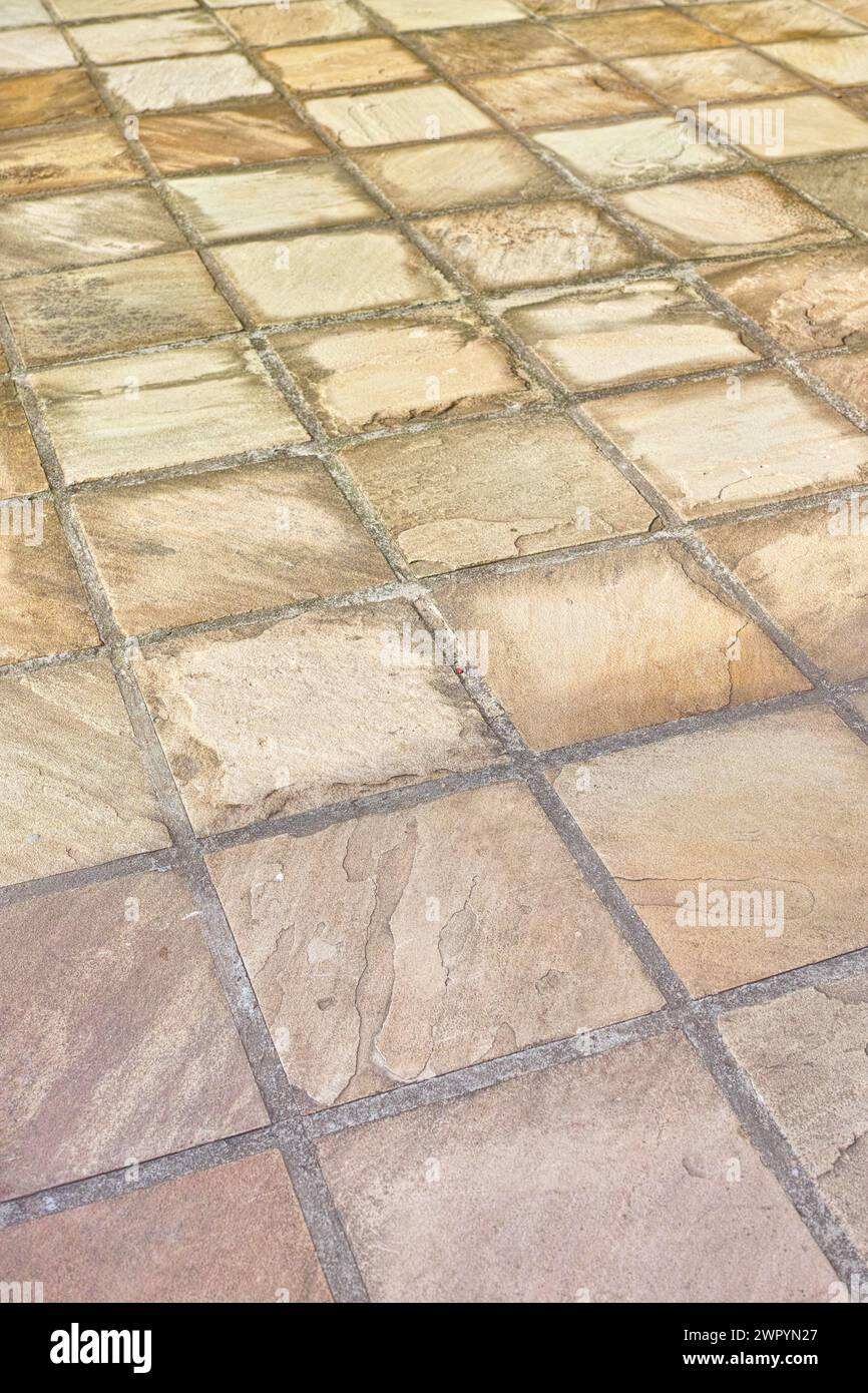 Tiled, ground and aerial view with closeup, texture and cement with ...