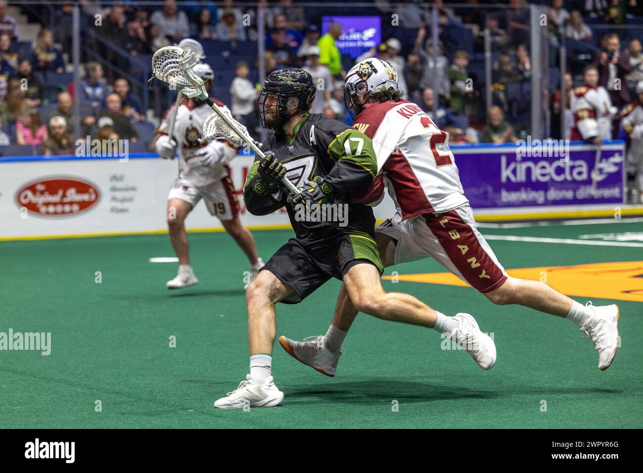 March 9th, 2024: Rochester Knighthawks defenseman Ryland Rees (17) runs ...