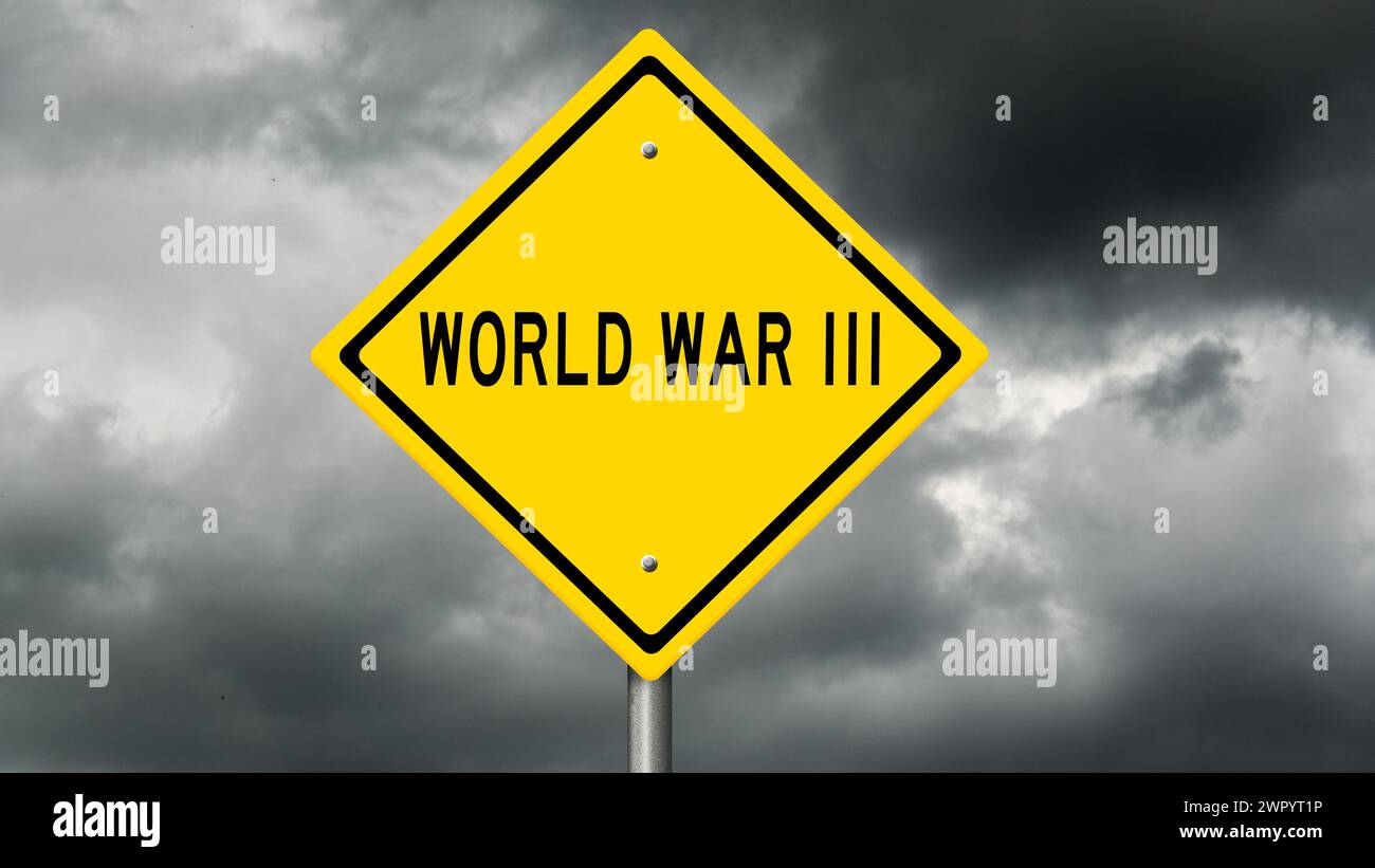 Yellow diamond-shaped highway warning sign for WORLD WAR III Stock ...