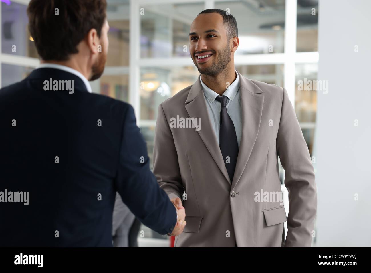 Lawyer shaking hands with client in office Stock Photo - Alamy