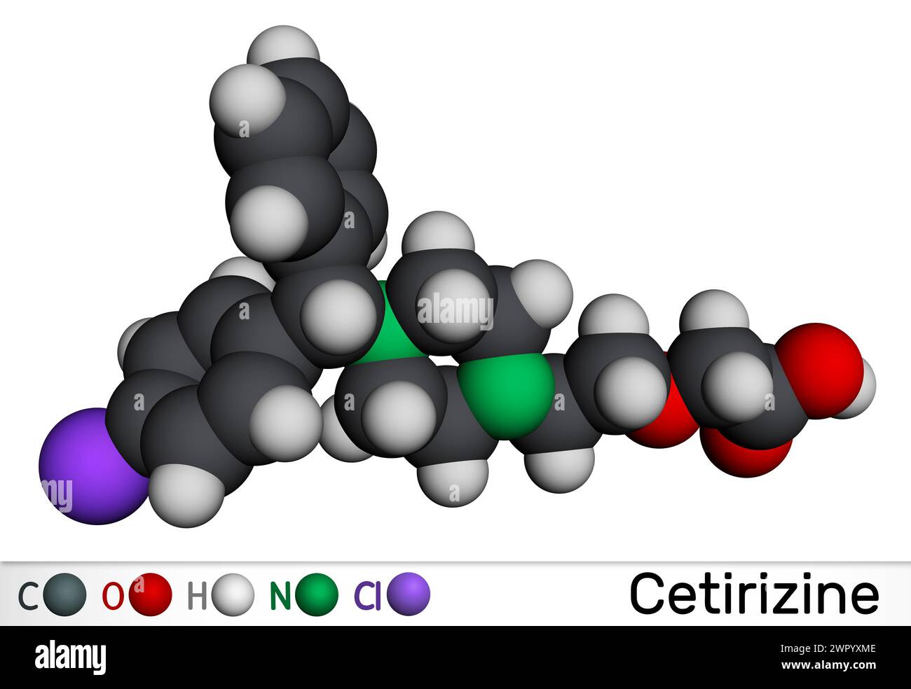 Cetirizine drug molecule. It is drug used in allergic rhinitis and ...