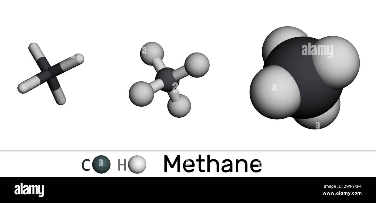 Methane CH4 molecule. Various 3D molecular models on a white background ...