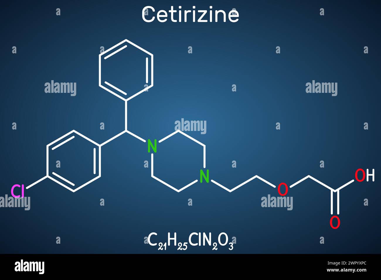 Cetirizine drug molecule. It is drug used in allergic rhinitis and ...