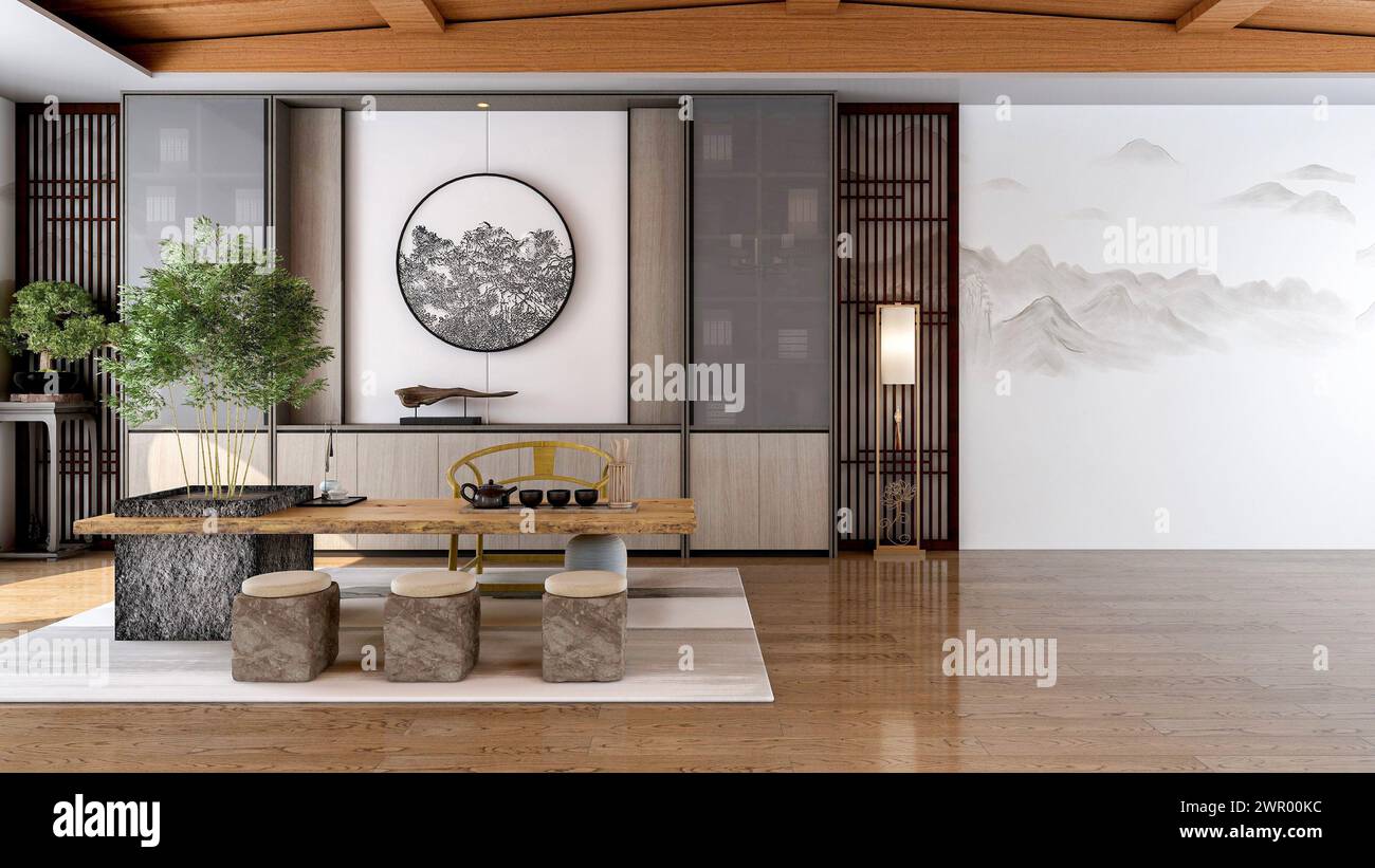 Interior of traditional Chinese style living room with furniture and ...