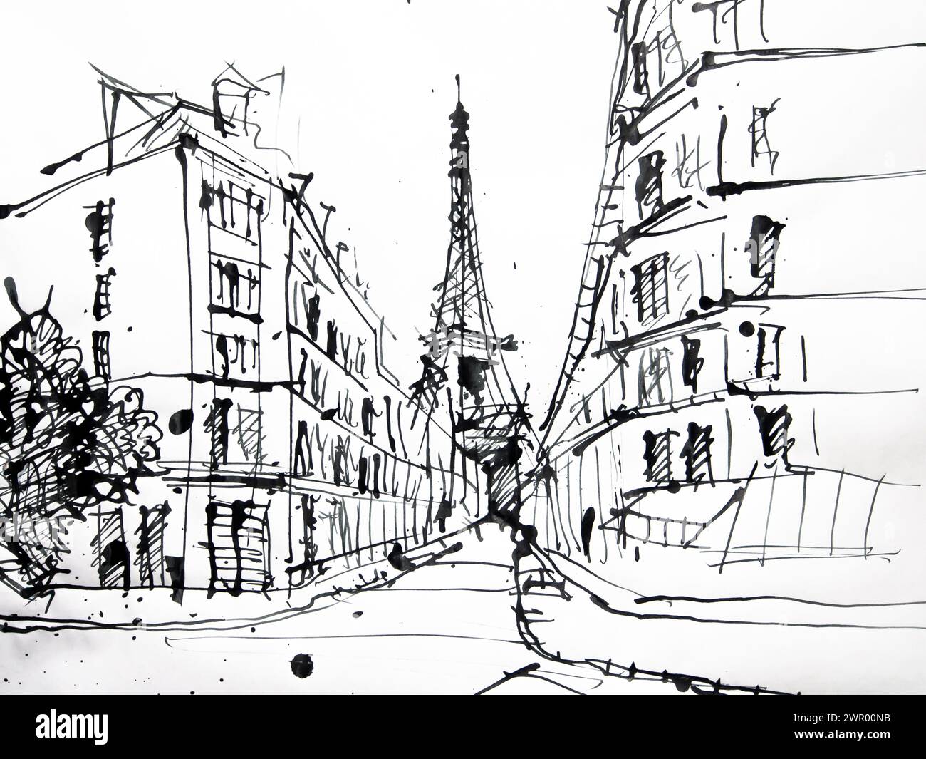 Paris, France handmade illustration. Black and white drawing of Paris ...