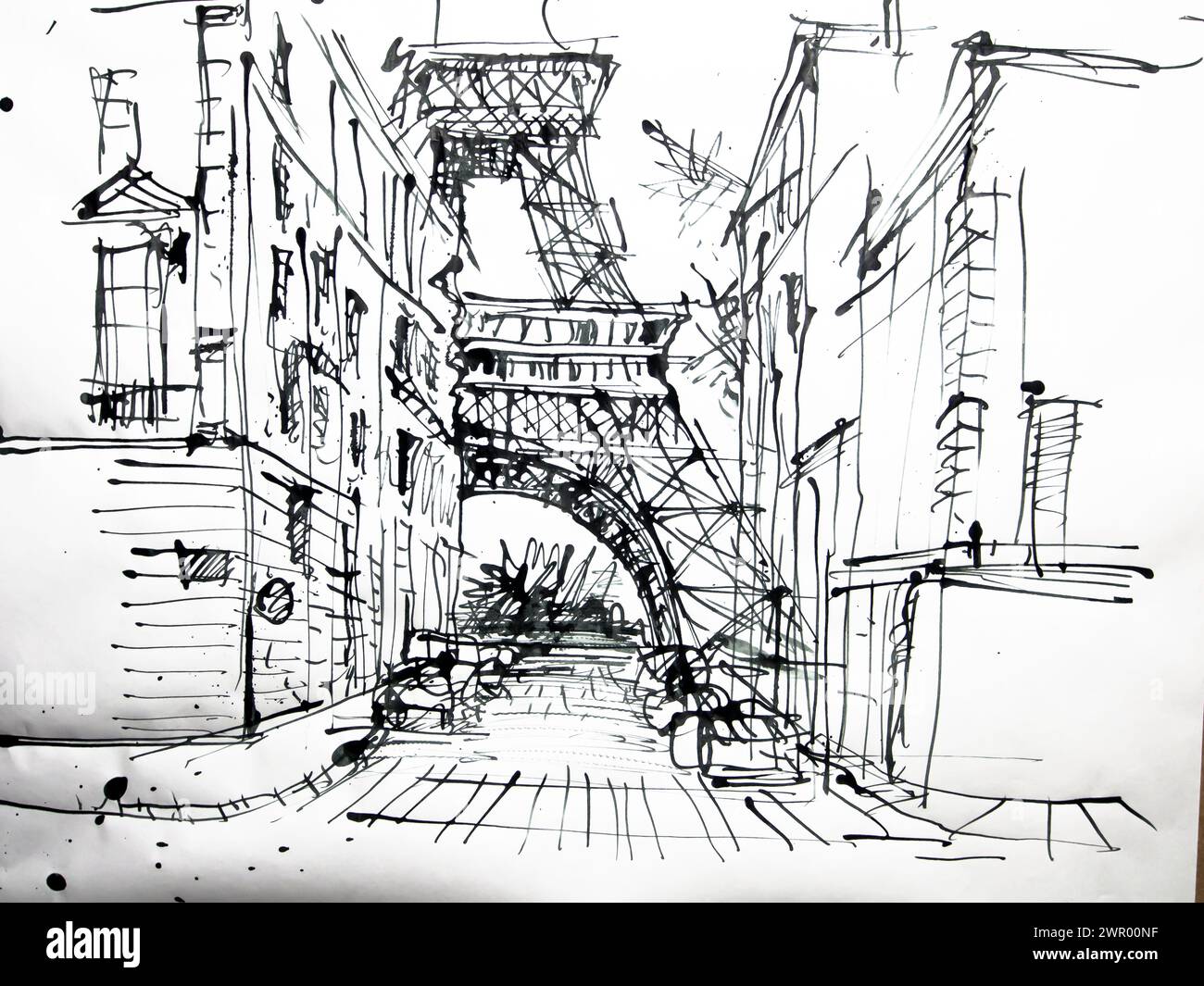 Paris, France handmade illustration. Black and white drawing of Paris ...