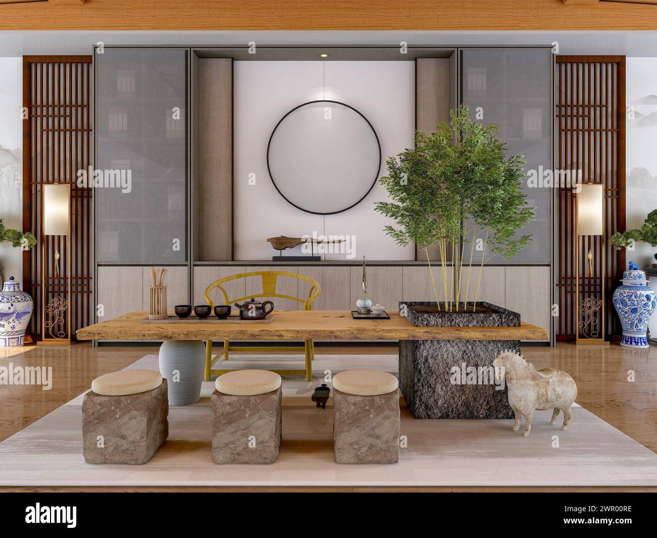 Interior of traditional Chinese style living room with tea table and ...