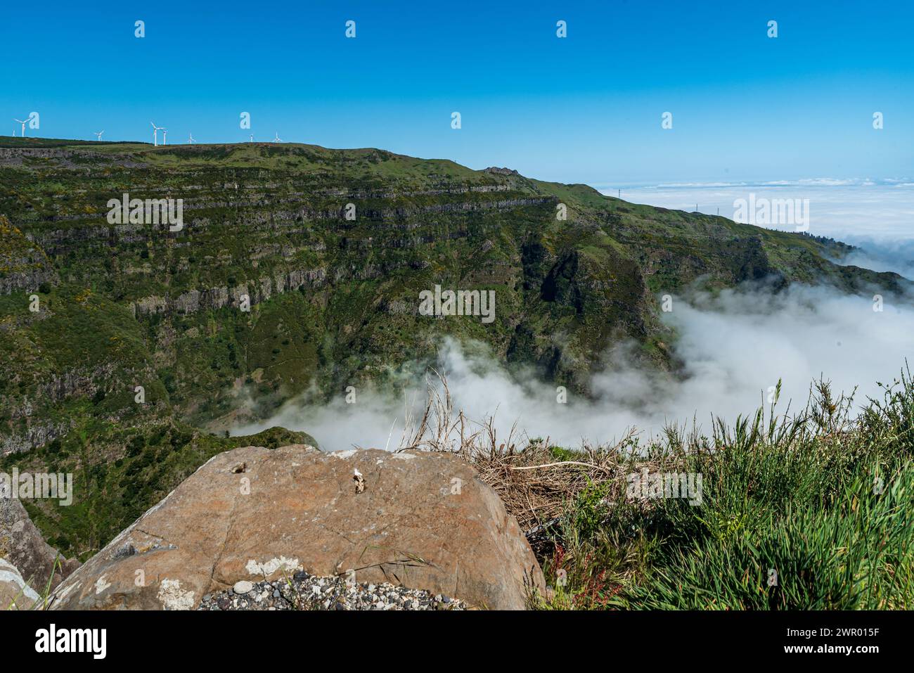 Paul da Serra mountain plateau with wind turbines from Levada do Paul ...
